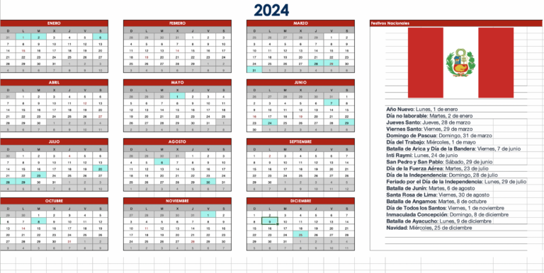 📆 Calendario 2024 Perú 🇵🇪 con Festivos - Descárgalo ya