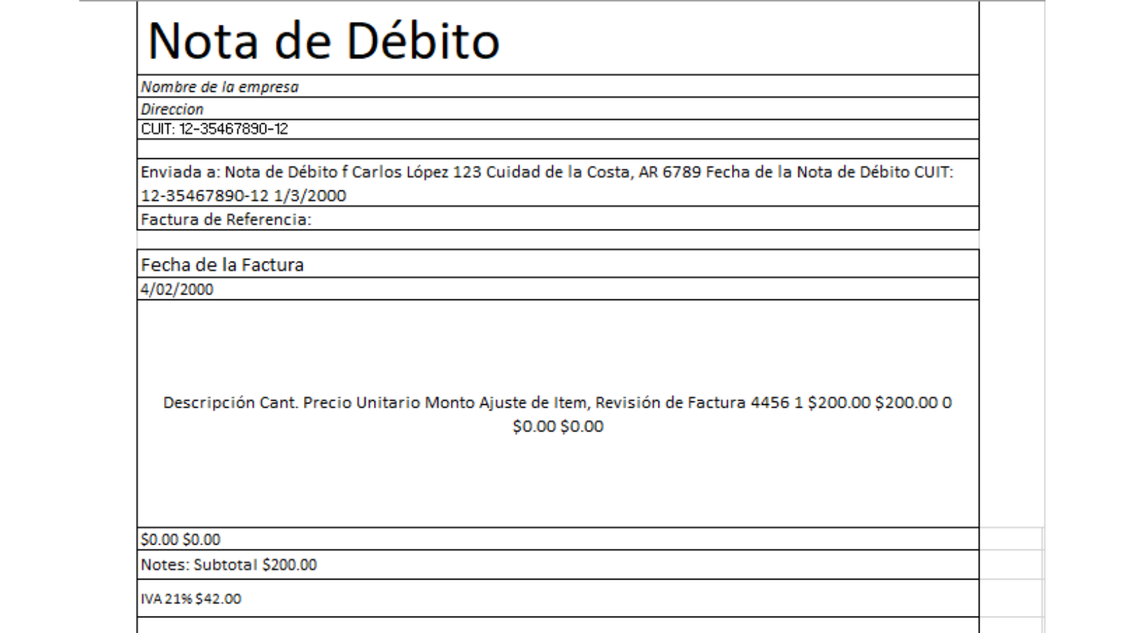 Plantilla excel: Nota de débito